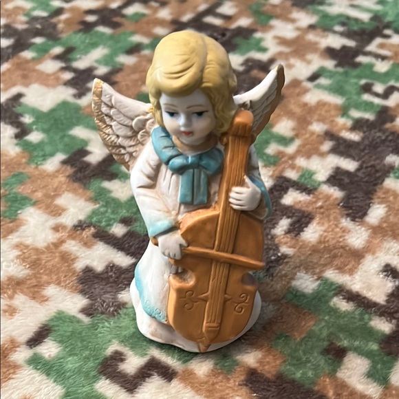 Art | Vintage Ceramic White And Blue Angel Figurine With Cello | Poshmark